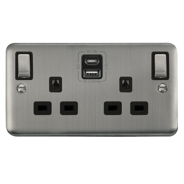 Click DPSS586BK Deco Plus Stainless Steel 2G 13A Switched Socket 4.2A A ...